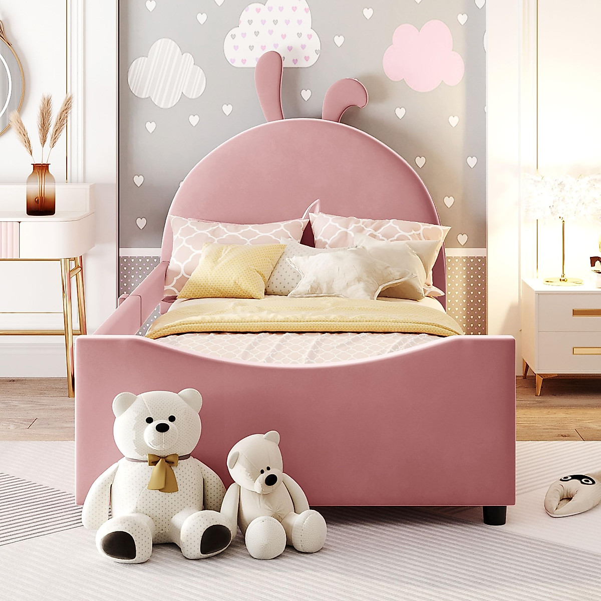 Twin Size Upholstered Daybed Bed Frame for Boys Girls Kids Toddler with Rabbit Ear Shaped Headboard, Pink