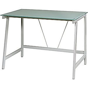 OneSpace Contemporary Glass Writing Desk, Steel Frame, White and Cool Blue