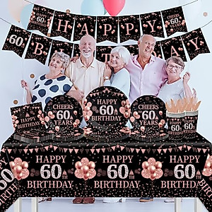 142Pcs Rose Gold 60th Birthday Decorations-Happy 60th Birthday Disposable Tableware for Women Rose Gold Birthday Plates and Napkins Set Serves 20 Guests