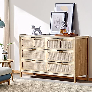 QEIUZON 6 Drawer Dresser, Modern Rattan Dresser Chest with Wide Drawers and Metal Handles, Farmhouse Wood Storage Chest of Drawers for Bedroom, Living Room, Hallway, Entryway (Natural-6 Drawers)