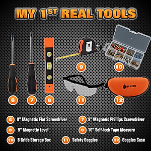 JoyTown Kids Real Tool Set - Junior Steel Forged Tool Kit for Children with Real Hand Tools, Kids Tool Belt, Portable Tool Bag, Perfect Learning Tools for Home DIY (Orange & Black)