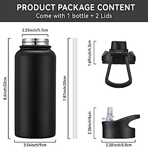 Cool Yoleb 32 oz Insulated Water Bottle with Straw & Spout Lid, Leak Proof Metal Water Bottles, Stainless Steel Double Wall Vacuum, Wide Mouth Thermal Water Bottle for Travel Sports (Black, 1)