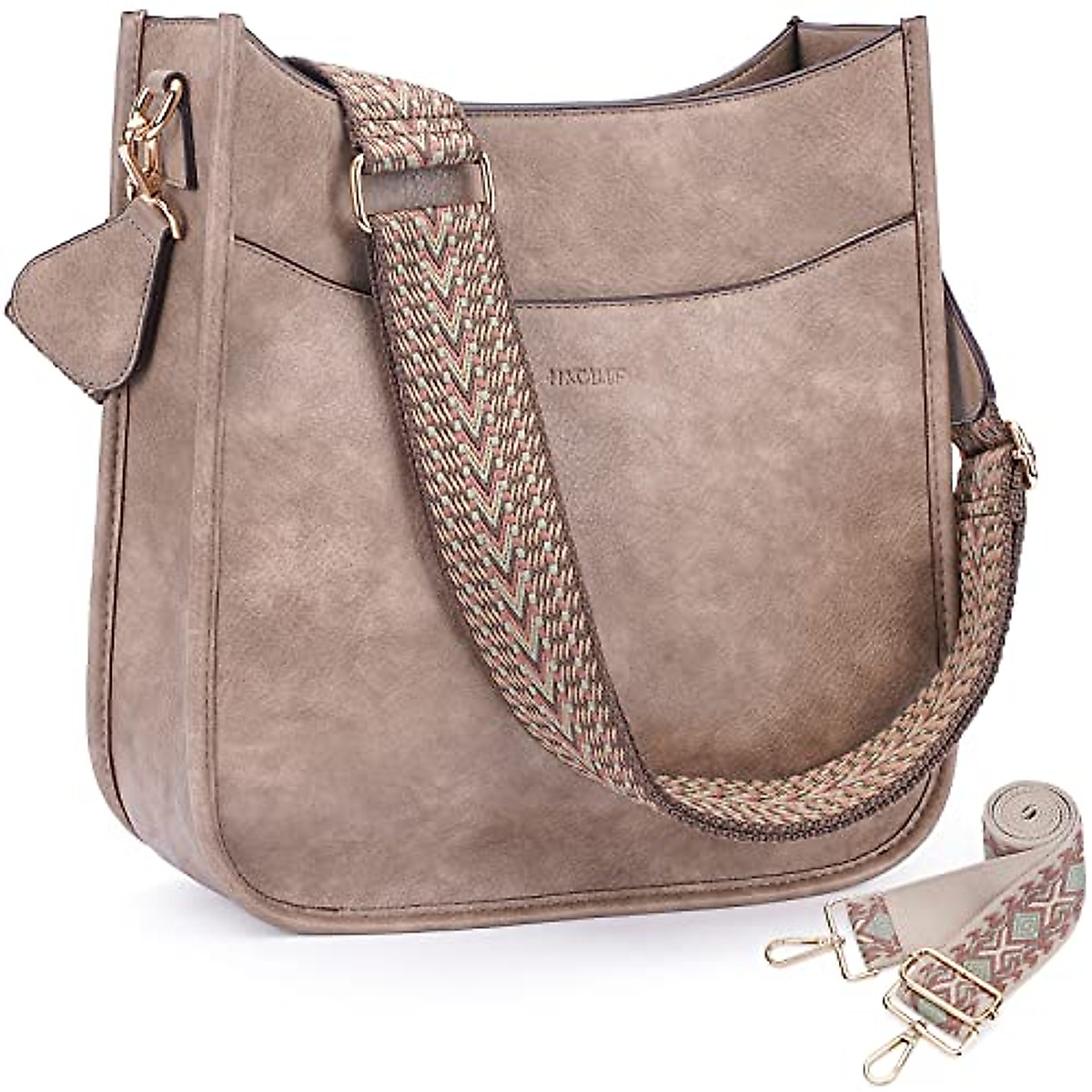 HKCLUF Crossbody Bag for Women,Vegan Leather Hobo Handbags Women Fashion Shoulder Bags Cross-body Bucket Purse with 2PCS Adjustable Guitar Strap(Apricot Pink)