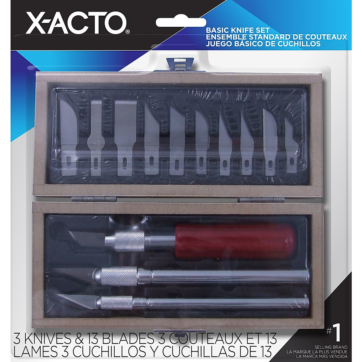 X-ACTO Basic Knife Set | Set Contains 3 Precision Knives, 10 Precision Knife Blades, Wooden Chest for Storage (14 Count)