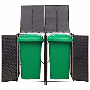 vidaXL Poly Rattan Double Wheelie Bin Shed - Durable, Weather Resistant, Easy Access Lid, Lockable Front Door - Garden Accessory, Black