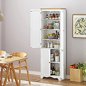 JEROAL 72''H Kitchen Pantry, Tall Pantry Cabinet, Dining Room Entryway Floor Cabinet with Doors, Adjustable Shelves and 2 Large Storage Cabinets, White