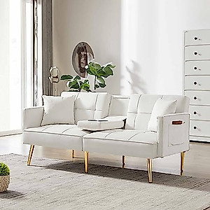 RIDFY 69” Convertible Futon Sofa Bed 2 Cup Holders, Modern Tufted Velvet Sleeper Couch with Metal Legs,Side Pocket,Folding Upholstered Loveseat,Memory Foam Living Seat Daybed,White