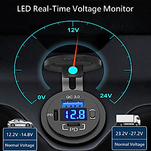 12V USB Outlet Qidoe USB C Car Charger Socket Dual PD 30W and 18W QC3.0 Port USB Car Socket with Voltmeter Button Switch Lengthened Waterproof USB Power Outlet for Car Boat Marine RV Vehicle