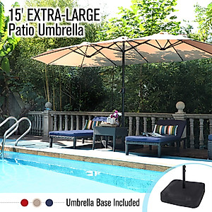 PHI VILLA 15ft Large Patio Umbrella with Base, Double-sided Outdoor Umbrella, Beige