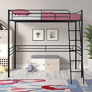 Lifeand Sturdy Twin Size Metal Loft Bed with Built-in Ladder and Guardrails for Space-Saving Solution in Kids' and Teens' Rooms,Black