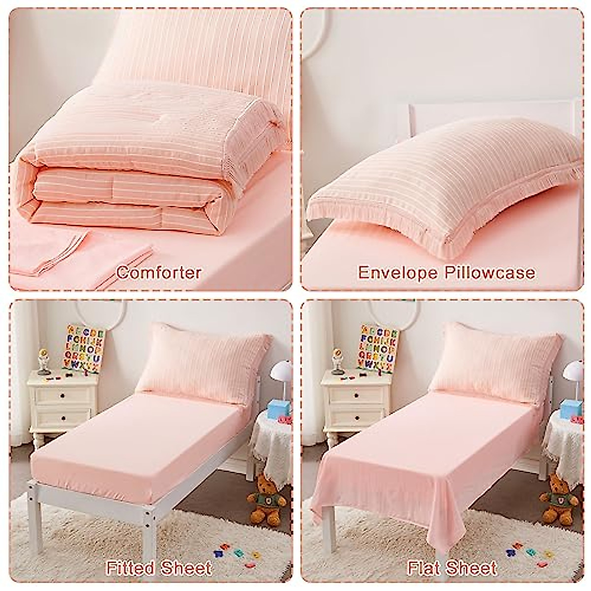 SUCHDECO Light Coral Toddler Bedding Set for Girls Pink Comforter Sets with Jacquard Stripes, Tassel Fringe 4 Pieces - Comforter, Fitted Sheet, Flat Sheet, Pillowcase