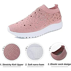 Women's Crystal Sock Sneakers Slip-on Comfy Athletic Running Walking Gym Shoes (Black,9)