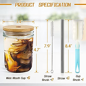 Mason Jar with Bamboo Lids and Stainless Steel Straw, 6 Pack Glass Cups Set, 16oz Cute Boba Drinking Glasses, Mason Jar Cups, Travel Tumbler Bottle for Beer, Iced Coffee, Smoothie, Bubble Tea, Gift