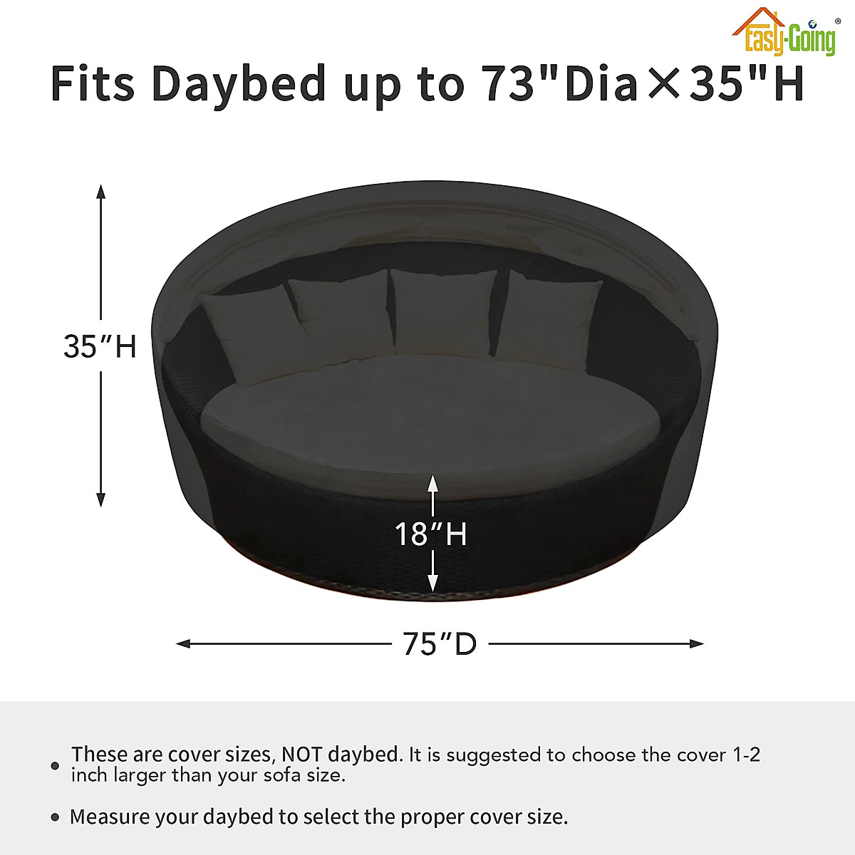 Easy-Going Heavy Duty 600D Outdoor Daybed Cover 75 Inch UV Resistant Patio Round Sofa Cover Waterproof Outdoor Canopy Daybed Sofa Cover with Air Vent 75" Dia x 35"/18" H, Black
