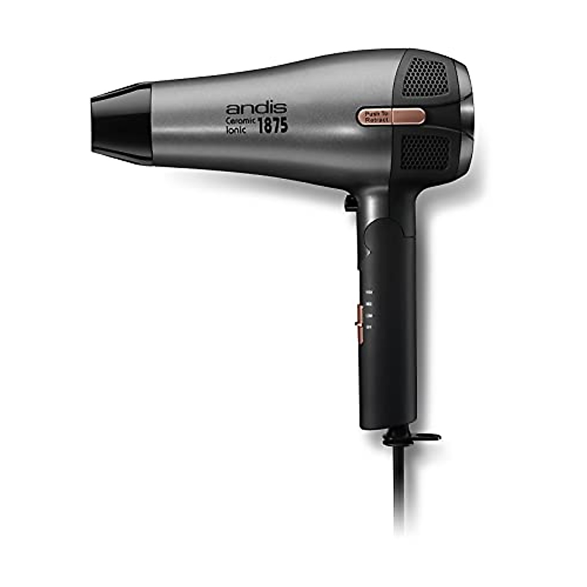 Andis 80280 Fold-n-go 1875 Watt Ceramic Ionic Dryer, Retractable Cord, Lightweight with Professional Blowout Results, Quick Drying Blow Dryer, Black/Silver