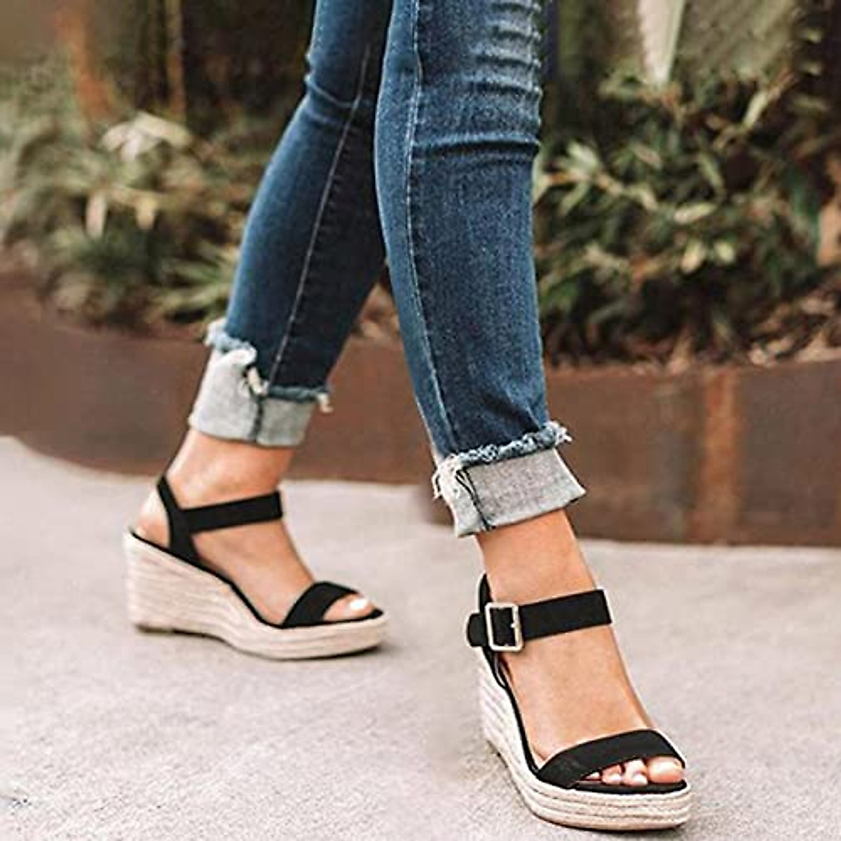 NOLDARES Sandals for Women Summer Casual Wedge Buckle Strap Hiking Platform Sandal Beach Travel Weaving Sandals Black 10.5