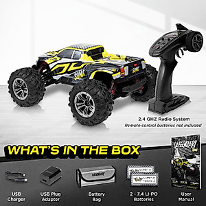 LAEGENDARY 1:16 Scale 4x4 Off-Road RC Truck - Hobby Grade Brushed Motor RC Car with 2 Batteries, Waterproof Fast Remote Control Car for Adults