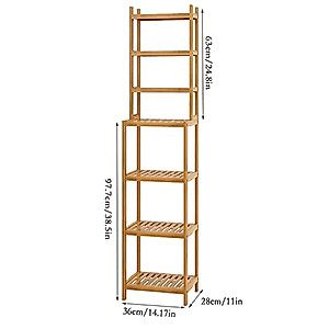 SOMY 7-Tier Bamboo Bathroom Shelf, Free Standing Storage Organizer Rack, Multifunctional Wood Corner Shelf Standing Rack Units for Living Room, Bathroom, Kitchen, Natural, 14L*11W*63H in