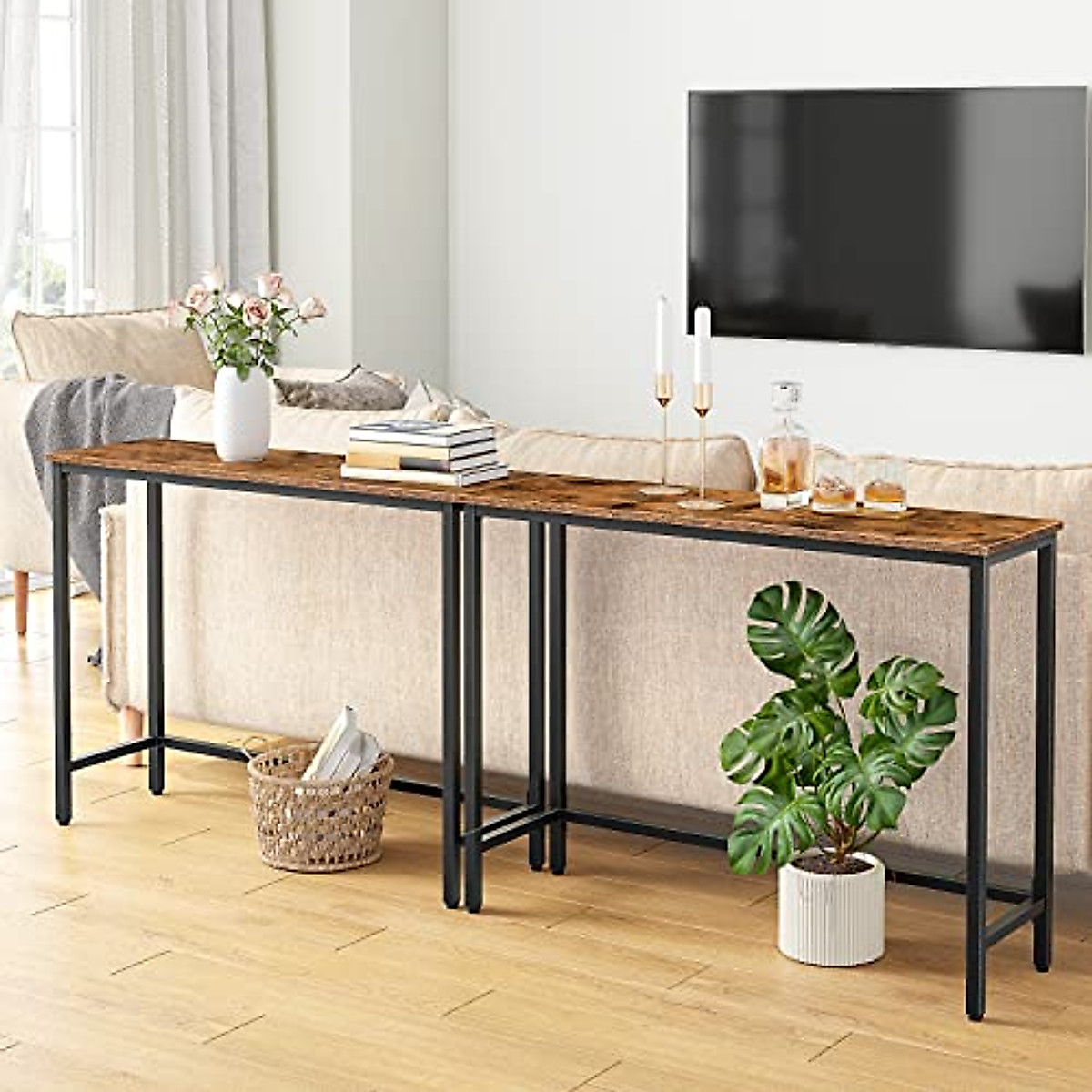 HOOBRO Console/ Sofa Table with Support Bar, Hallway Entrance Table for Living Room, Entryway, Corridor, Sturdy, Easy Assembly, Wood Look Accent Table, Rustic Brown and Black BF30XG01