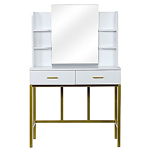 IRDFWH 90 x 45 x 78-143.5Dressers Dressing Table FCH Desktop with Shelf 2 Drawers with Stool Steel Frame Dressing Table White