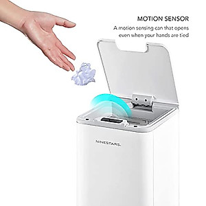 Ninestars DZT-10-35 2.6 Gal / 10L, White Plastic, Square Shape, Motion Sensor Trash Can