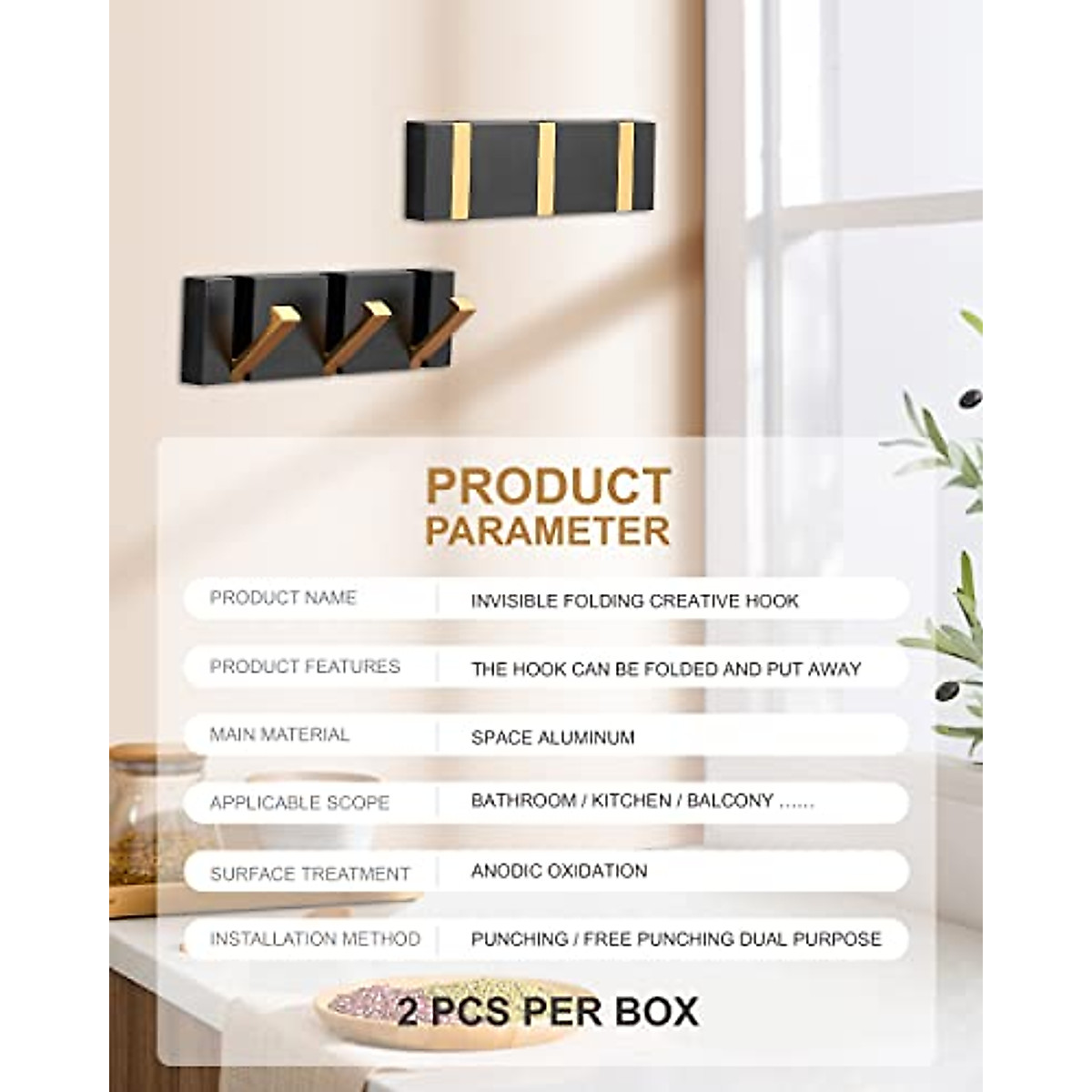 MrsJeggy 2 Pack，Watertight Black Gold Wall Hook，Towel Hooks for Bathroom Wall Mounted，Folding Black Coat Hook，No Punching，Wall Mounted Hook，Door Robe Hook，Bathroom Towel Hook，Also for Balcony，Kitchen