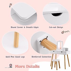 HONEY JOY Kids Vanity, Toddler Dressing Table & Chair for Bedroom, 2 Storage Drawer & Square Mirror, Princess Makeup Vanity Set for Little Girls Age 3+, Wood Girls Vanity Set w/Stool (White)