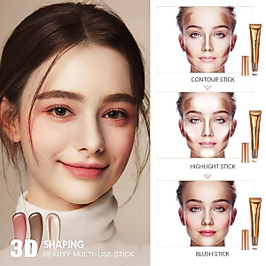 Aaiffey Cream Contour Beauty Wand,Highlighter Contour Blush With Cushion Applicator,Liquid Face Bronzer Makeup Wand Blendable Super Silky Cream Contour Stick Set Long Lasting Natural 3Pcs (Contour+Highlighter+Blush)