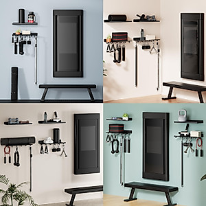 Crostice 2-Tier Floating Shelf Compatible with Tonal Accessories, Shelf for Home Gym Storage, Gym Rack Wall Mount Organizer, Workout Metal Shelf Holder, T-Bracket Lock Adapter Hanger, Shelf with Hooks