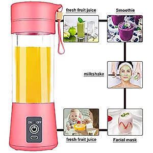 Portable Blender with 380ml and 6 Blades, Pink