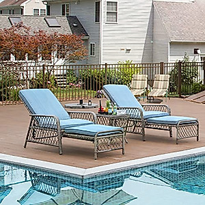 Olmia Chase Lounge Chair Outdoor Set of 3 with Glass Table, 3 Piece Outdoor Chaise Lounge Wicker Rattan Patio Lounger Chairs 5 Position with Cushions,Retractable Foot-Rest - Steel Frame