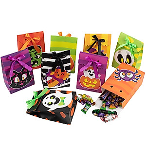JOYIN Halloween Candy Bags Treat Boxes-12 Pieces Halloween Paper Bags Trick or Treat Halloween Sweet Goodie Bags with Ribbon, Halloween Party Favors Gift Bags