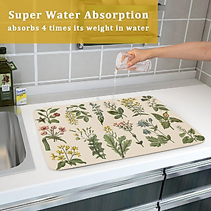 Flower Herbs Dish Drying Mat for Kitchen Counter Decor 18x24 Inch Absorbent Reversible Wild Plant Dish Mat Microfiber Drying Pad Sage Leaves Dish Drainer Rack Mats for Coffee Bar…