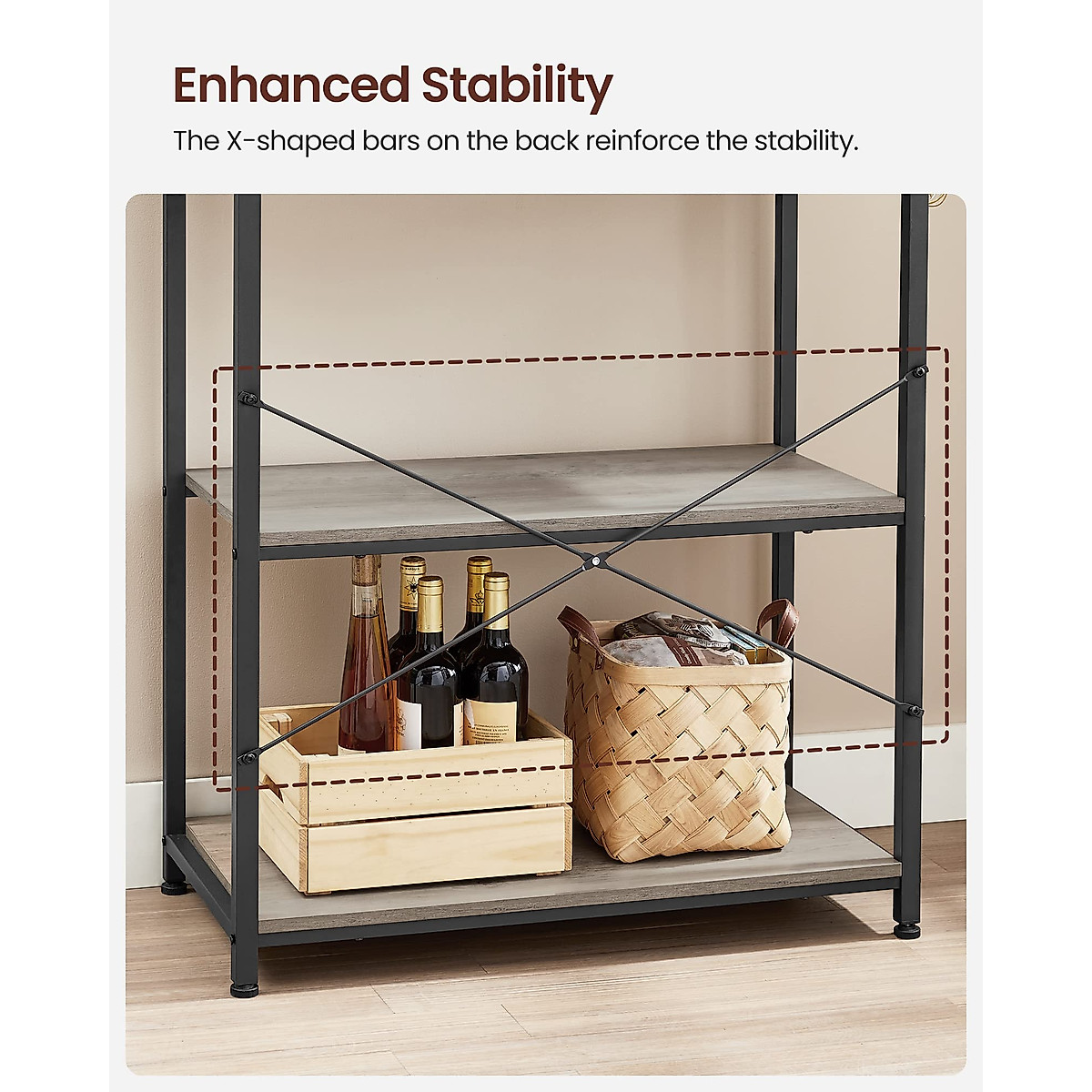 VASAGLE Coffee Bar, 31.5 Inches Baker's Rack for Kitchen with Storage, 6-Tier Kitchen Shelves with 6 Hooks, Microwave Stand, Industrial, Greige and Black UKKS019B02