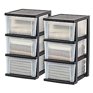 IRIS USA 3-Drawer Plastic Storage Dresser, 2-Pack, Standing Organizer Storage Container Bin with Drawers for Clothes Crafts Classroom Bedroom Dorm, Black/Clear