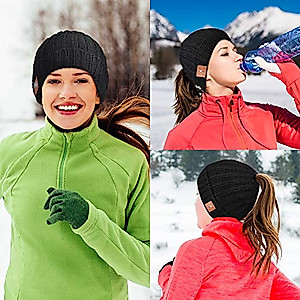 Beanie Hat Compatible with Bluetooth Headphone Ponytail Warm Beanies for Women Built-in Microphone (Black)