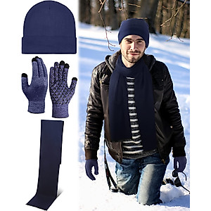 SATINIOR 6 Pieces Winter Warm Knit Beanie Hat Touchscreen Gloves Scarf Set Fleece Lining Skull Caps Neck Scarves, Navy Blue, Wine Red, One Size