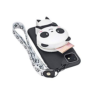 Girlyard for iPhone 12 / iPhone 12 Pro 6.1 Inch Silicone Case with 3D Cartoon Animal Zipper Wallet Purse Holder Back Cover and Long Detachable Lanyard Strap Phone Case for Kids Girls, Black Panda