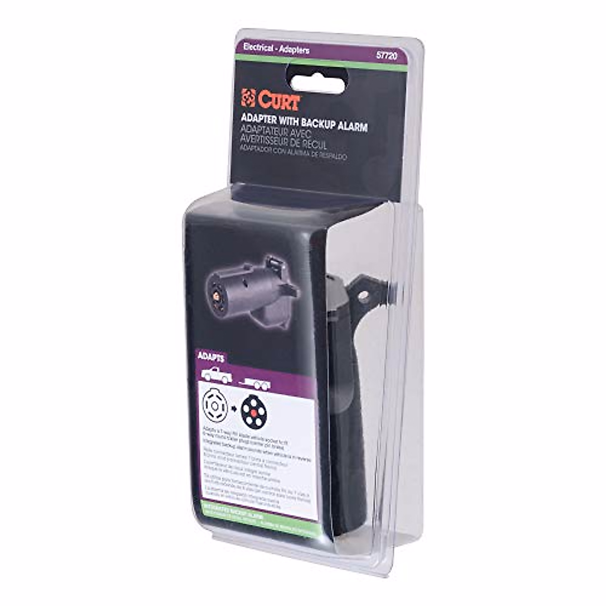 CURT 57720 7-Way RV Blade Vehicle-Side to 6-Way Round Trailer Wiring Adapter with Backup Alarm, Center Pin Brake Lights