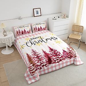 Erosebridal Merry Christmas Bedding Full Xmas Comforter Set for Kids Boys Girls Bedroom Cute Kawaii Bedding Comforter Sets Pink Grid Checkered Duvet Insert Happy New Year Holiday Quilted Comforter