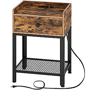 Rolanstar Nightstand with Charging Station and USB Ports, Rustic End Table with Drawer and Metal Shelf for Bedroom, Living Room, Rustic Brown