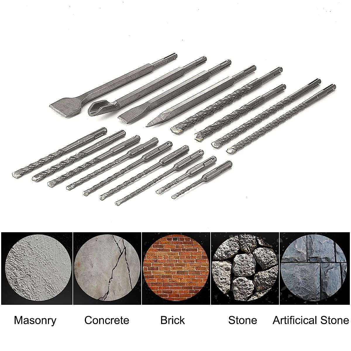 Hammer Drill Bit Set SDS Plus Rotary Bit Carbide-Tipped Double Flute 17Pcs Chisels Concrete Masonry Hole Tool with Storage Case