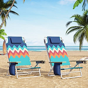 ALPHA CAMP Beach Chair With Cooler Bag Oversized Heavy Duty Steel Frame Support 250 LBS Collapsible Padded Camping Folding Chair with Cup Holder Quad Lumbar Back Chair Portable for Outdoor/Indoor，Wave