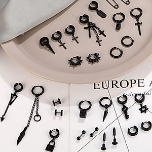 Black Cross Earrings for Men, 28 Pieces Stainless Steel Long Chain Dangle Piercing Hoop Earrings Set for Gifts (Black)
