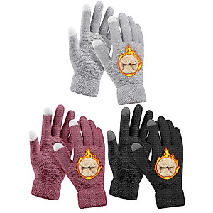 KUTTOR 3 Pairs Women's Winter Knit Plush Gloves Touch Screen Gloves Thermal Cable Knit Wool Fleece Lined Touchscreen Mittens