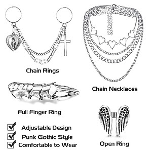 Sanfenly Punk Chain Rings+ Layered Chain Necklace Set for Women Men, Cool Goth Punk Vintage Stackable Open Finger Rings Statement Pendant Choker Necklace Emo Y2K Jewelry
