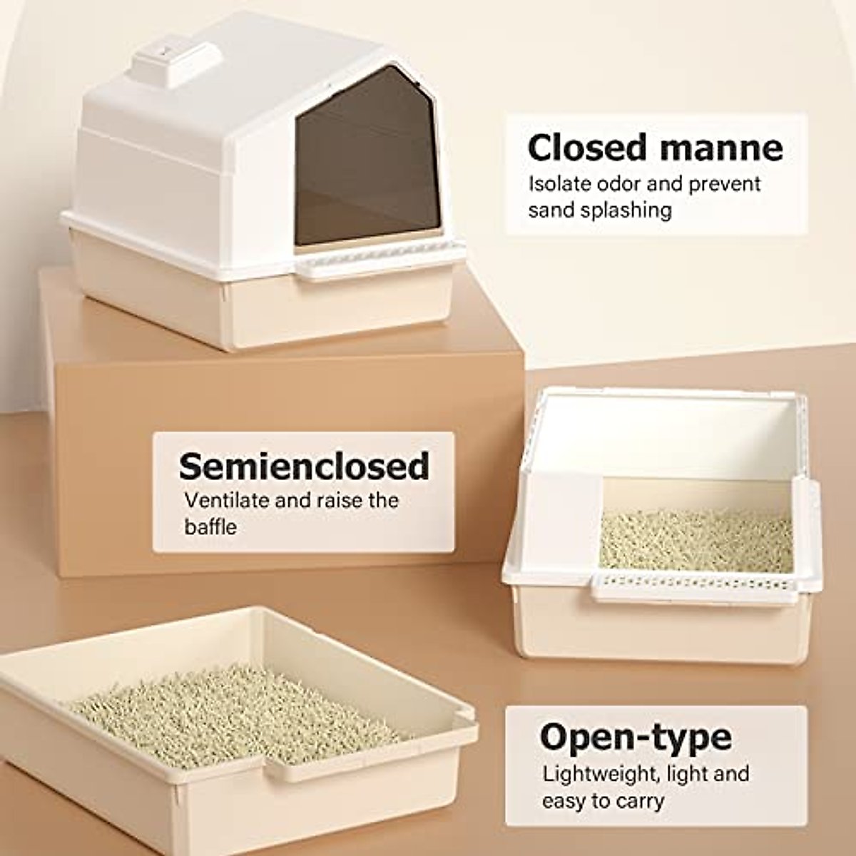 Cat Litter Box with Lid,Fully Enclosed Leak-Proof Urine Litter Box for Small Cats Approx 10Lbs,Handy Litter Scoop,Replaceable Closed/semi-Closed/Open Clamshell Litter Box