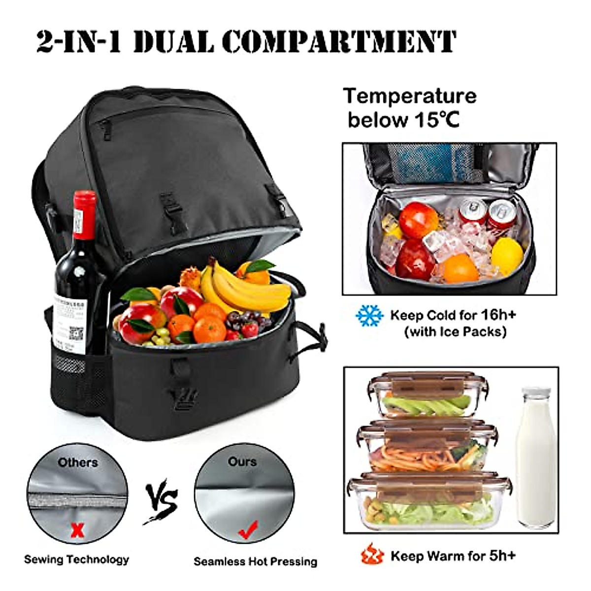 Insulated Cooler Backpack 38 Cans Leakproof Lightweight Lunch Backpack with USB Double Deck Small Cooler Backpack with Cooler Compartment for Work Beach Picnic Travel Trip Men Women (Black)