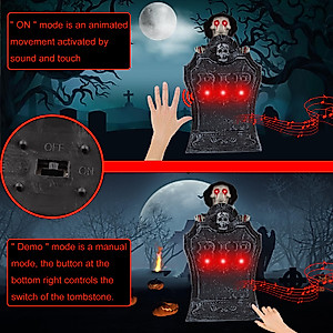 Halloween Decoration Tombstone with Scary Music, Animated Movable Skeleton Skull with Glowing Eyes & Voice Activation Halloween Decor for Yard Lawn Haunted House Indoor Outdoor Party Props