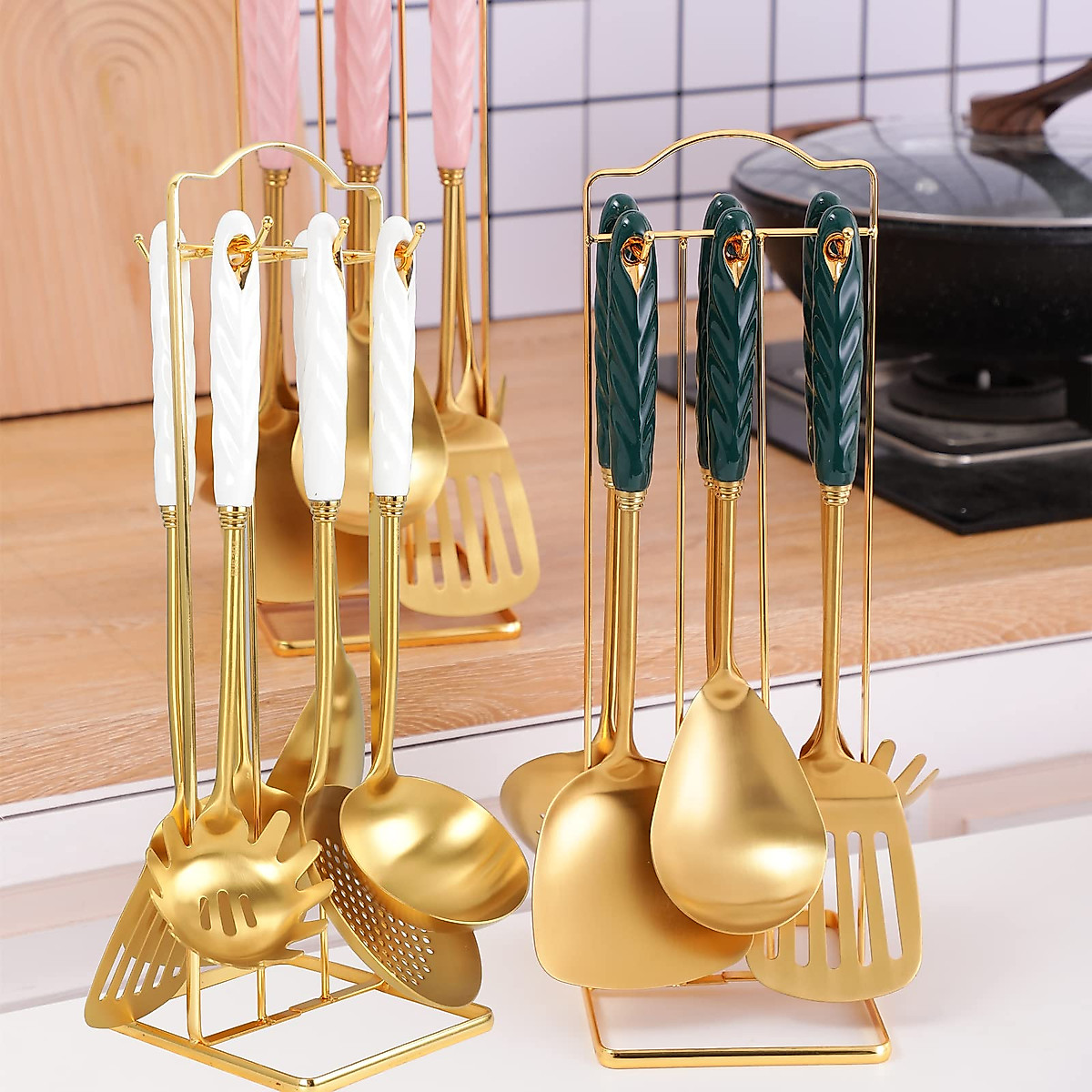 Cooking Utensils Set with Holder,7 PC 304 Stainless Steel High-Grade Gold Cooking Kitchen Utensil Set with Ceramic Handle,Spatula,Turner Spatula,Ladle,Serving Spoon,Slotted Spoon,Pasta Server (White)